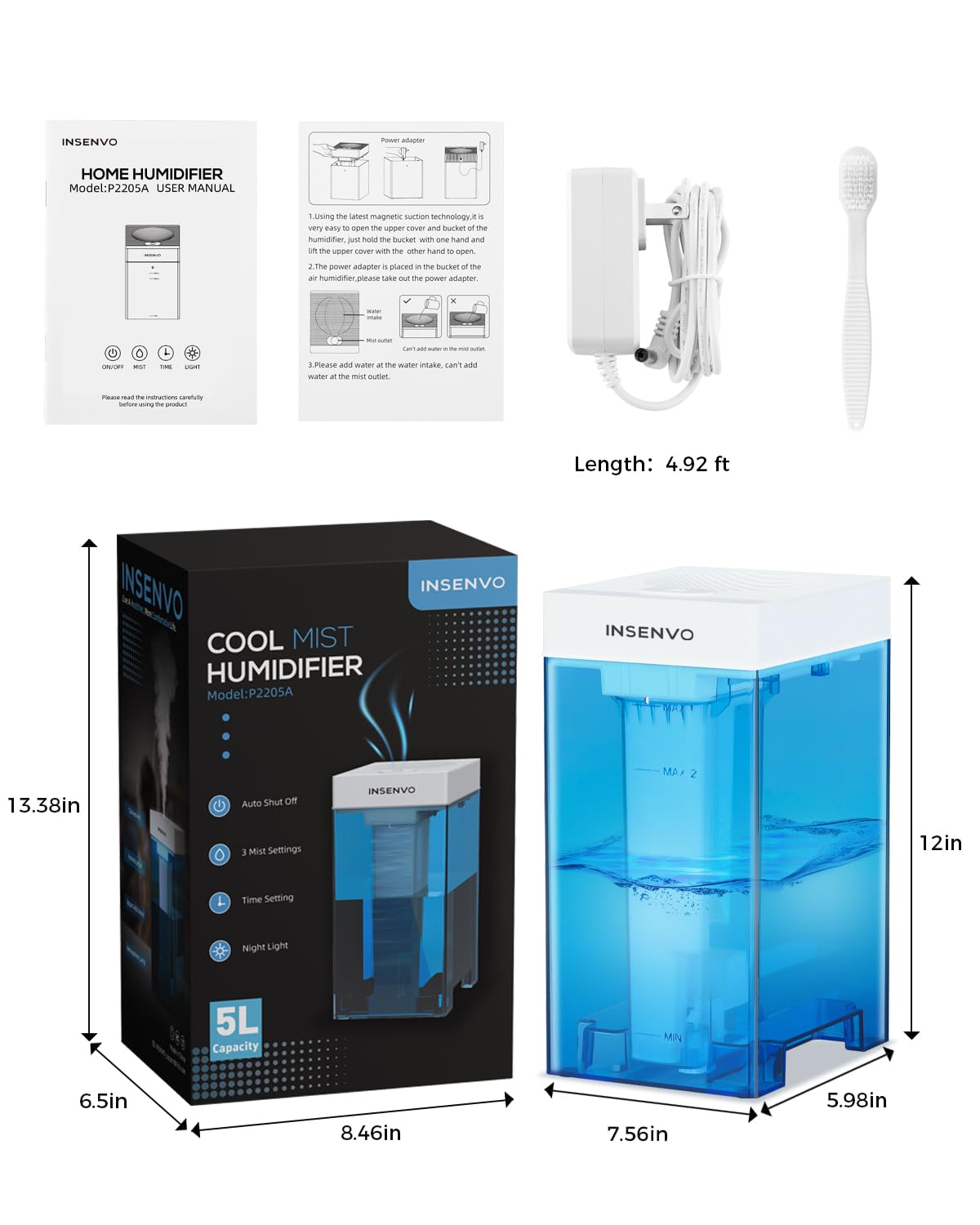 INSENVO Humidifier for bedroom, 5L Top Fill Humidifier with Touch Control, Ultrasonic Adjustable 3 Mist Outputs, 3 Timers, Auto Shut-off Air Humidifier for Bedroom, Living Room, Office, Pets, Plants