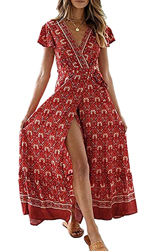 ZESICA Women's 2023 Bohemian Floral Printed Wrap V Neck Short Sleeve Split Beach Party Maxi Dress,Red2,Medium