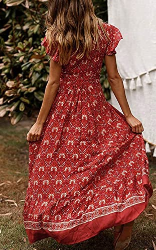 ZESICA Women's 2023 Bohemian Floral Printed Wrap V Neck Short Sleeve Split Beach Party Maxi Dress,Red2,Medium