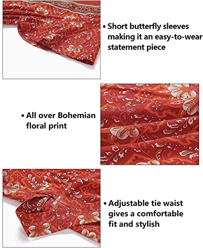 ZESICA Women's 2023 Bohemian Floral Printed Wrap V Neck Short Sleeve Split Beach Party Maxi Dress,Red2,Medium