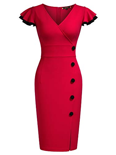 Miusol Women's Navy Style Deep-V Neck Vintage Evening Pencil Dress(X-Large,Red)