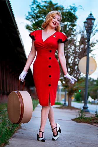Miusol Women's Navy Style Deep-V Neck Vintage Evening Pencil Dress(X-Large,Red)
