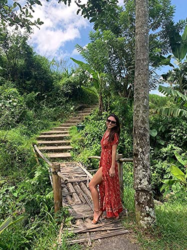 ZESICA Women's 2023 Bohemian Floral Printed Wrap V Neck Short Sleeve Split Beach Party Maxi Dress,Red2,Medium
