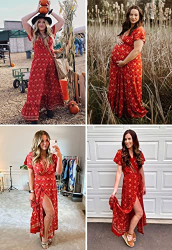 ZESICA Women's 2023 Bohemian Floral Printed Wrap V Neck Short Sleeve Split Beach Party Maxi Dress,Red2,Medium