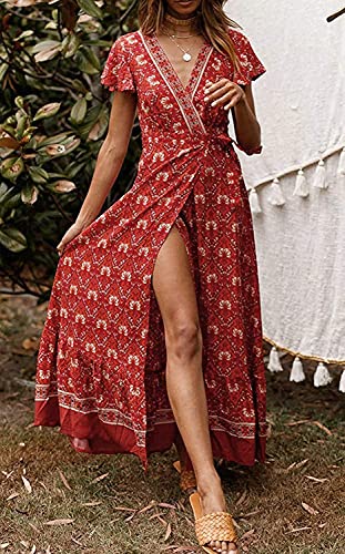 ZESICA Women's 2023 Bohemian Floral Printed Wrap V Neck Short Sleeve Split Beach Party Maxi Dress,Red2,Medium