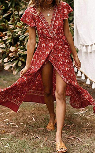 ZESICA Women's 2023 Bohemian Floral Printed Wrap V Neck Short Sleeve Split Beach Party Maxi Dress,Red2,Medium