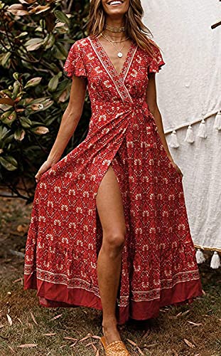 ZESICA Women's 2023 Bohemian Floral Printed Wrap V Neck Short Sleeve Split Beach Party Maxi Dress,Red2,Medium