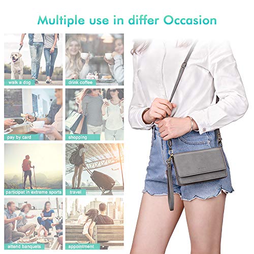 nuoku Women Small Crossbody Bag Cellphone Purse Wallet with RFID Card Slots 2 Straps Wristlet, Grey Bag