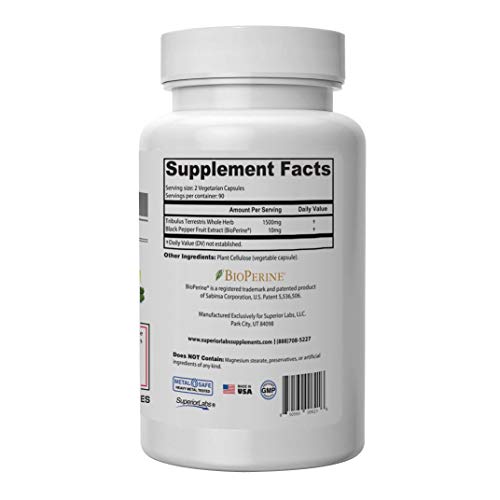 Superior Labs - Tribulus Terrestris - Performance Support & Cortisol Blocker with 45% Saponins, High Potency & Pure 1500mg Dosage, 180 Vegetable Caps - Supports Vitality - with Added BioPerineĀ®