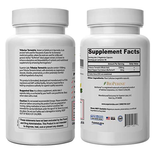 Superior Labs - Tribulus Terrestris - Performance Support & Cortisol Blocker with 45% Saponins, High Potency & Pure 1500mg Dosage, 180 Vegetable Caps - Supports Vitality - with Added BioPerineĀ®