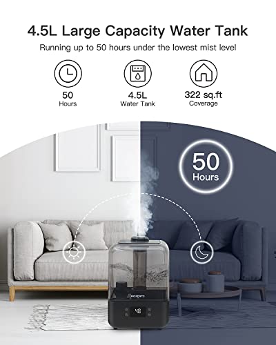 Humidifier for Bedroom Large Room, MORENTO 4.5L Top Fill Cool Mist Humidifier for Baby and Plants, Essential Oil Diffuser, Last up to 50Hrs with Night Light, Humidity Setting, Auto Shut-Off, Black