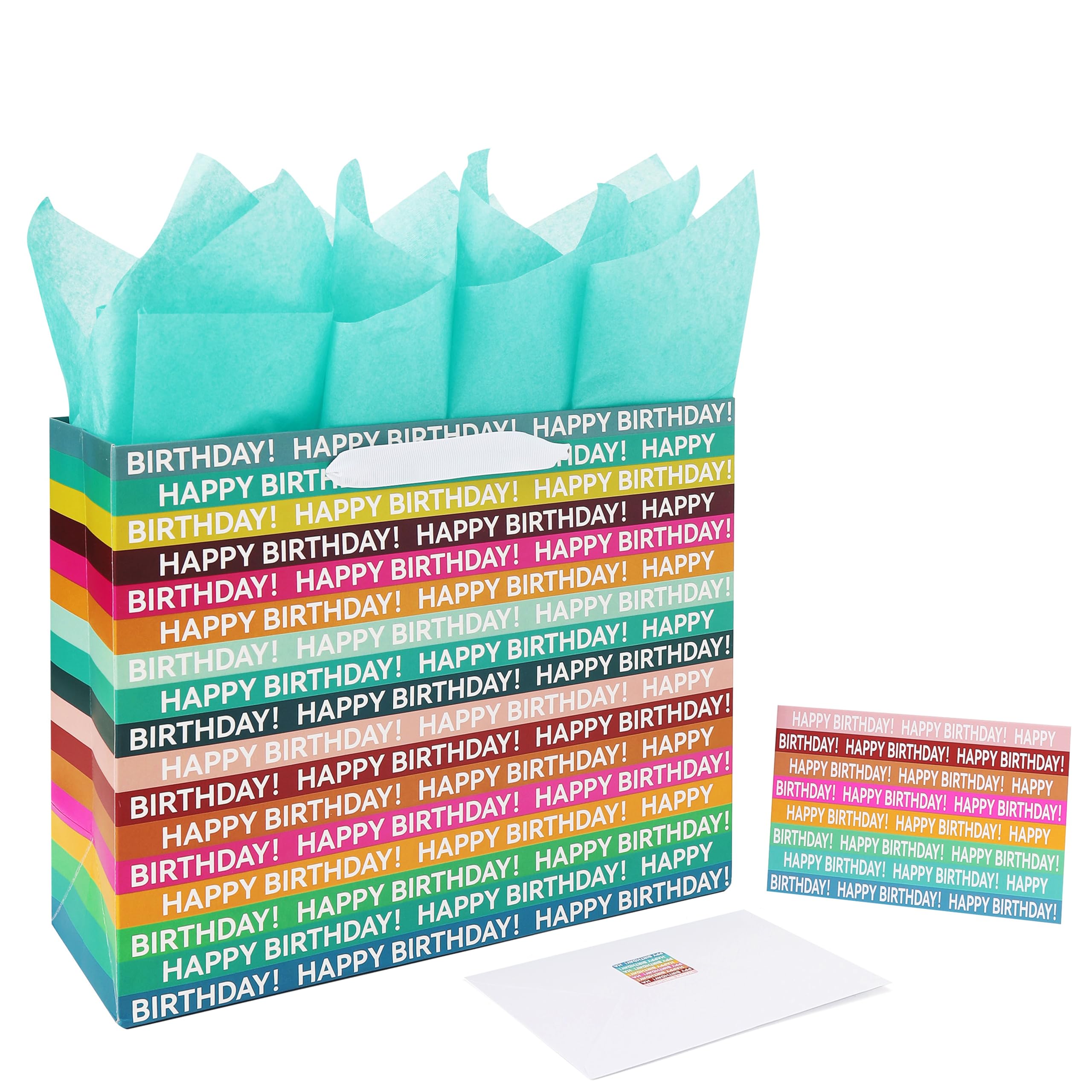 13" Large Gift Bag Set with Greeting Card and Tissue Papers (Colorful Stripes and Happy Birthday) for Women's or Men's, Boys, Girls, Baby Shower