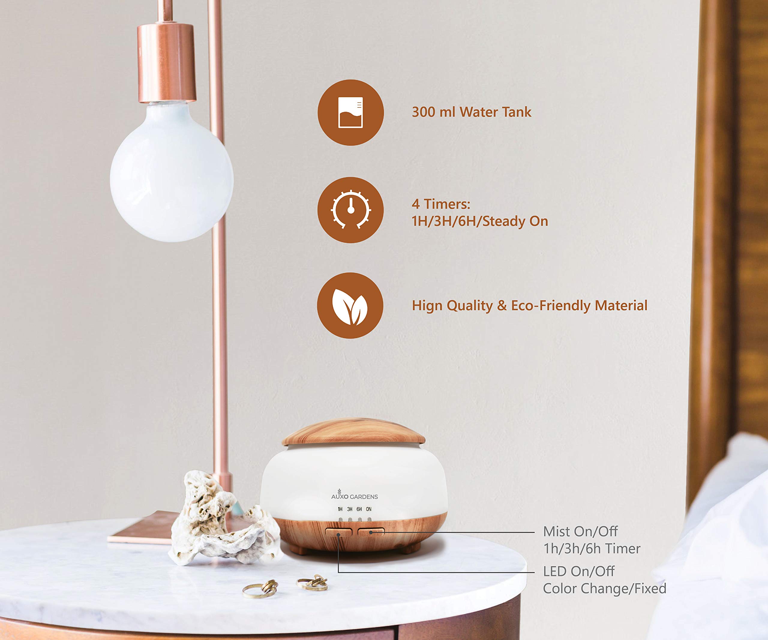 Ultrasonic Aromatherapy Essential Oil Diffuser, 300ml Cool Mist Humidifier with 7 Color LED Lights Changing and Waterless Auto Shut-off for Office Home Bedroom Living Room Study Yoga Spa