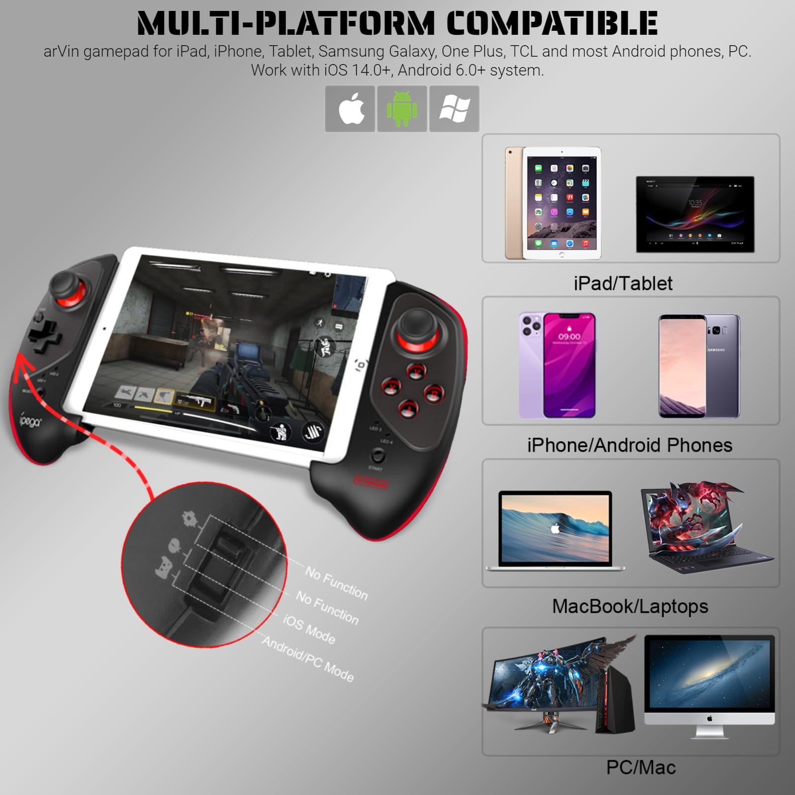 arVin Gaming Controller for iPad/iPad Mini/iPad Air, iPhone 15/14/13/12, iOS, Tablet Android Gamepad for Samsung Galaxy Tab, Huawei MatePad, Yoga Tab[Within 5-11 inch] PC Game Joystick for COD, Steam