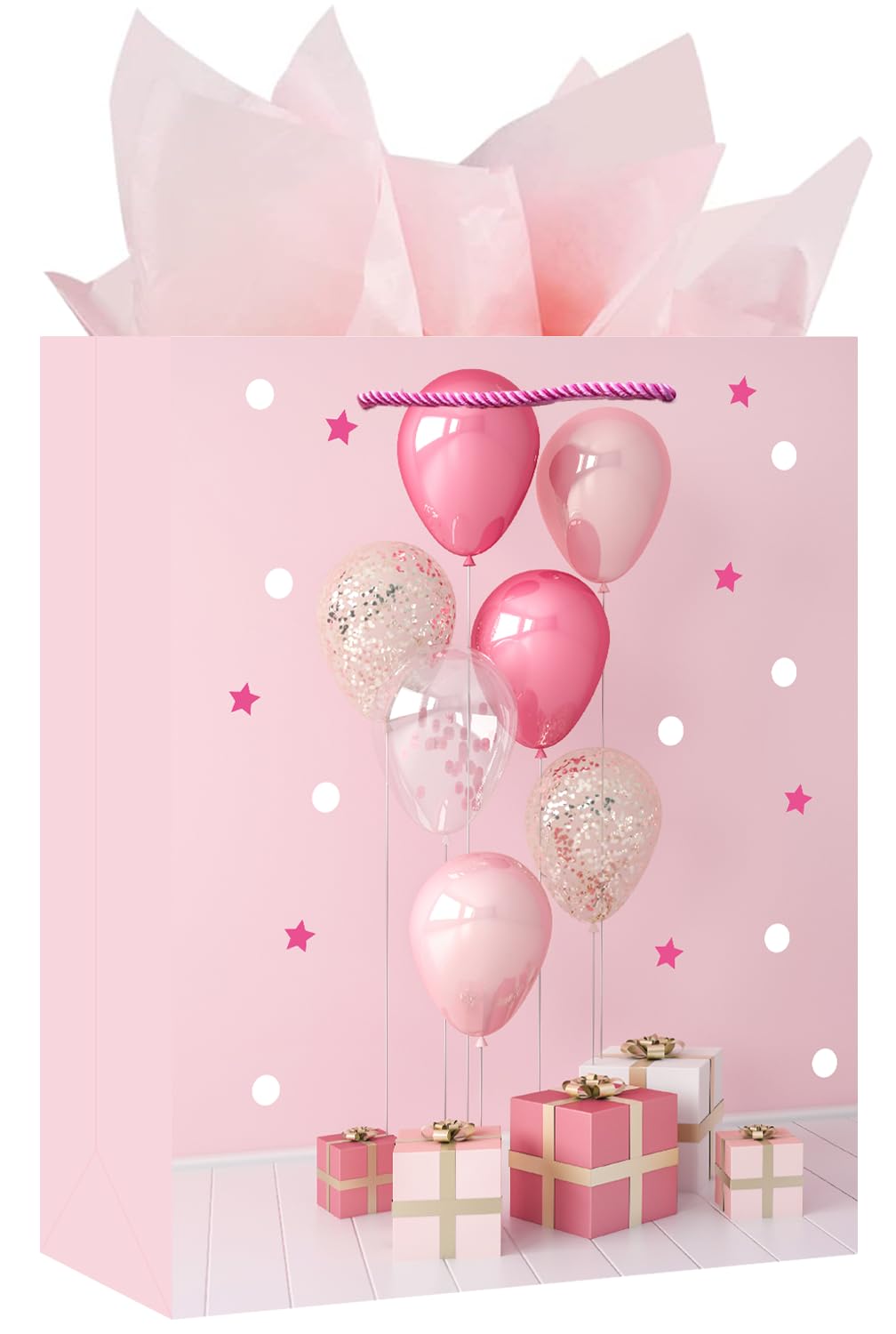 LUCKY AID 13” Birthday Gift Bag with Handle and Tissue Paper, Gift Bag for Boys, Girls, Women and Men’s Birthday Party, Baby Shower, Christmas Party Supplies (Pink)