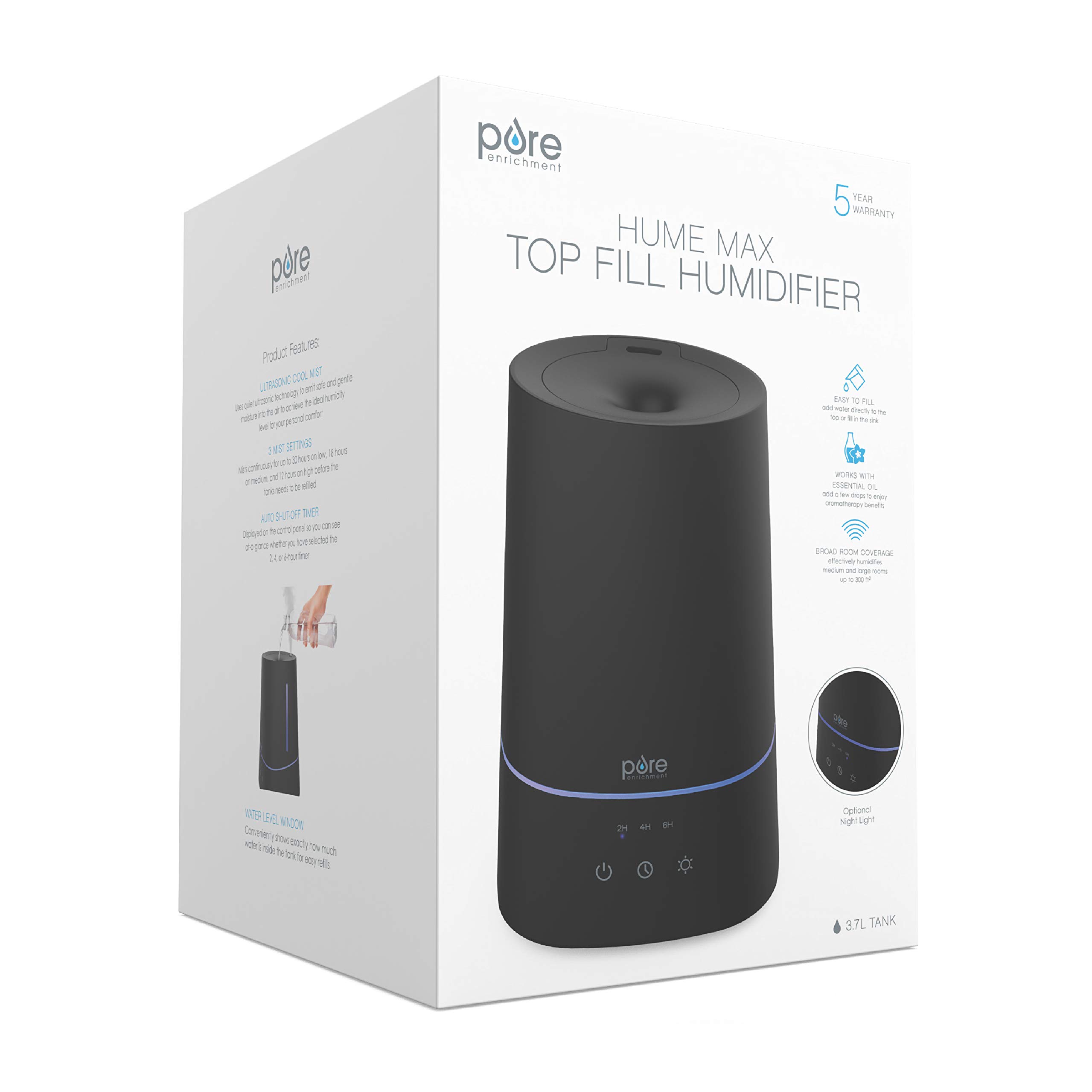 Pure Enrichment HUME Max - Easy Top Fill Ultrasonic Cool Mist Humidifier, 3.7 L (1 Gallon) Tank, 3 Mist Settings + Auto Shut-Off Timer - Ideal for Large Bedrooms, Baby Nurseries and Offices (Black)