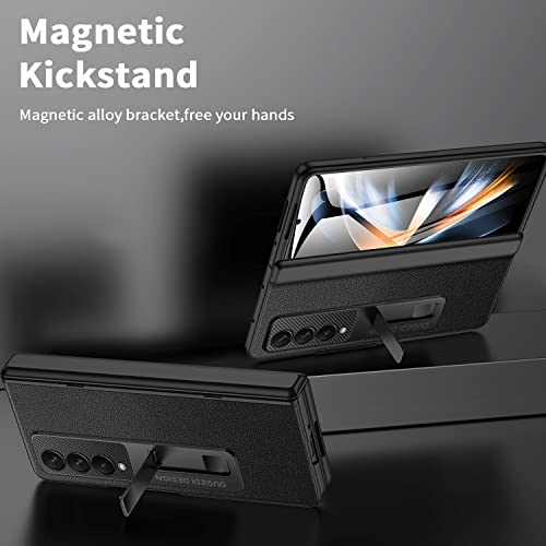 spoovcto for Samsung Galaxy Z-Fold-4 Case: Spring Hinge Protection & Kickstand Dual Layer Protective with Built-in Screen Protetctor Phone Case for Galaxy Z Fold 4 5G 2022 (Lychee Pattern-Black)