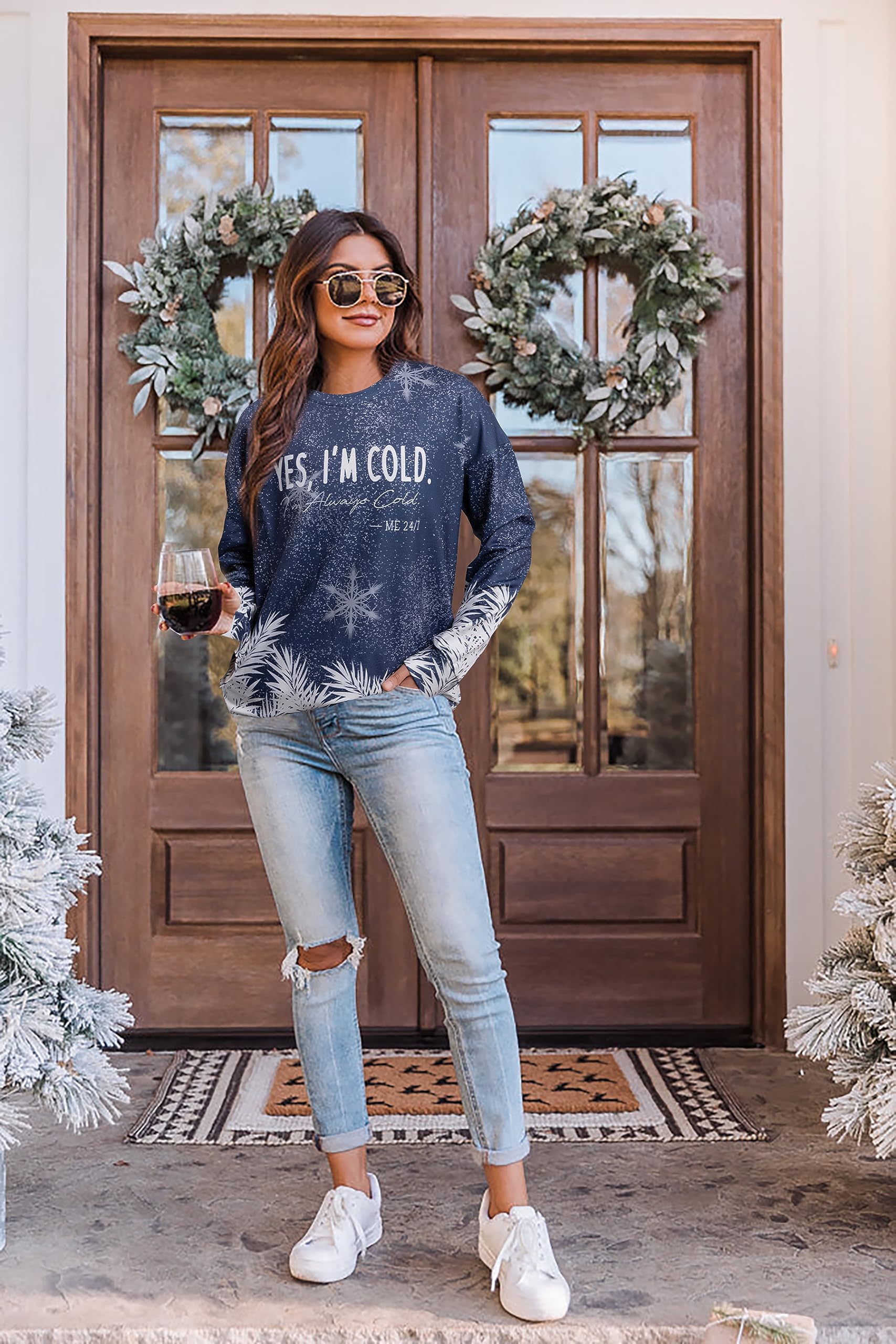 DUTUT Yes I'm Cold Me 24:7 Sweatshirt Women Im Always Cold Graphic Long Sleeve 2024 Winter Lightweight Christmas Pullover Top