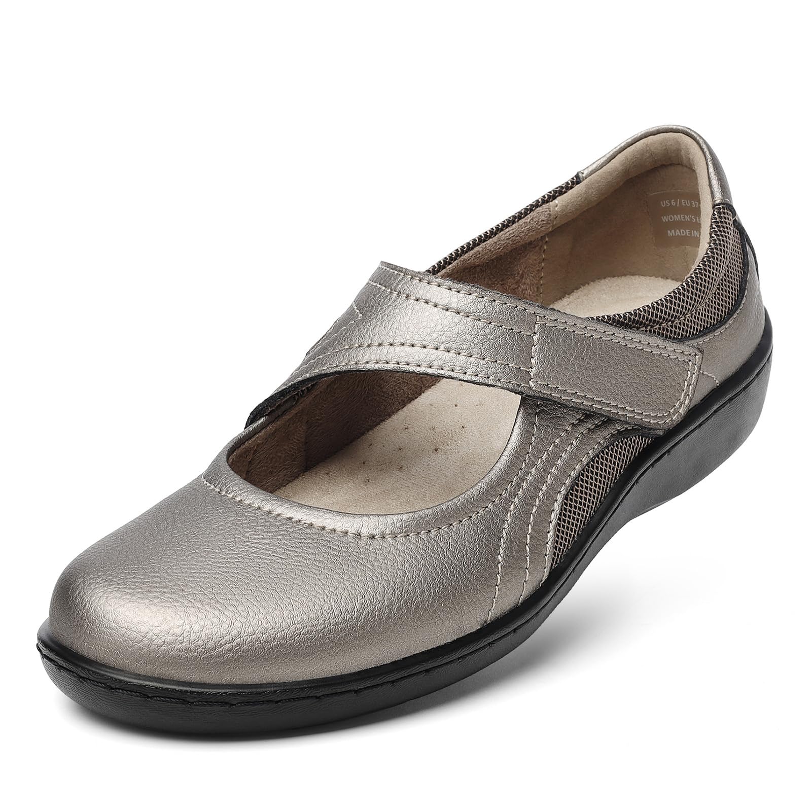 Oviaric Women's Classic Comfort Pewter Mary Jane Flats Fashion Casual Dress Shoes Cute Closed Toe Slip On Lightweight Breathable Walking Shoes 10 M US 1904-GUT100