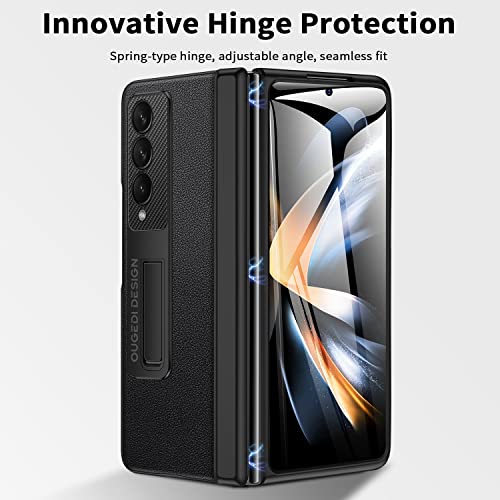 spoovcto for Samsung Galaxy Z-Fold-4 Case: Spring Hinge Protection & Kickstand Dual Layer Protective with Built-in Screen Protetctor Phone Case for Galaxy Z Fold 4 5G 2022 (Lychee Pattern-Black)