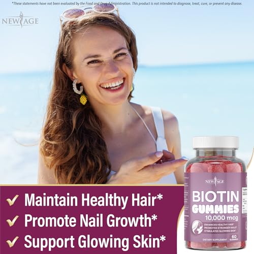 NEW AGE Biotin Gummies β Hair, Skin & Nails Gummies β 10,000 mcg - Non-GMO Supplement for Women, Men - Made in USA -120 Count