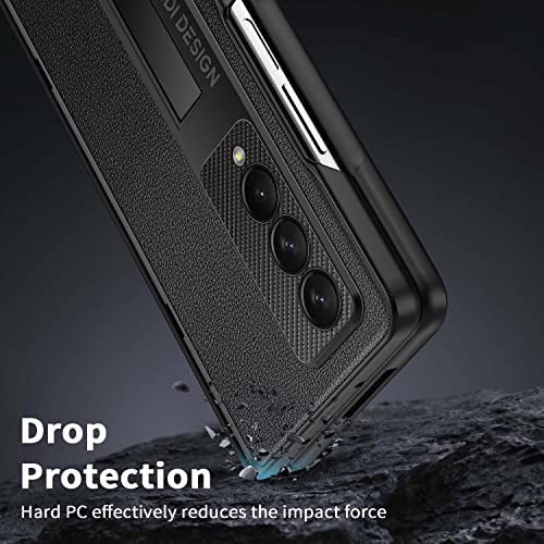spoovcto for Samsung Galaxy Z-Fold-4 Case: Spring Hinge Protection & Kickstand Dual Layer Protective with Built-in Screen Protetctor Phone Case for Galaxy Z Fold 4 5G 2022 (Lychee Pattern-Black)