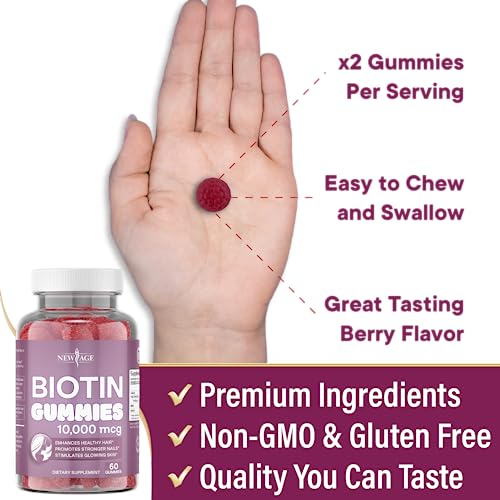 NEW AGE Biotin Gummies β Hair, Skin & Nails Gummies β 10,000 mcg - Non-GMO Supplement for Women, Men - Made in USA -120 Count