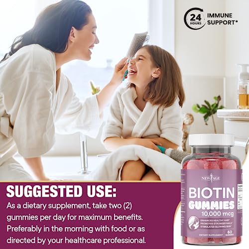 NEW AGE Biotin Gummies β Hair, Skin & Nails Gummies β 10,000 mcg - Non-GMO Supplement for Women, Men - Made in USA -120 Count