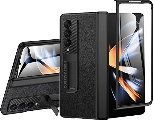 spoovcto for Samsung Galaxy Z-Fold-4 Case: Spring Hinge Protection & Kickstand Dual Layer Protective with Built-in Screen Protetctor Phone Case for Galaxy Z Fold 4 5G 2022 (Lychee Pattern-Black)