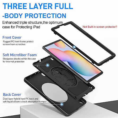 SUPFIVES Case for Galaxy Tab S6 Lite 10.4 Inch 2022/2020, with S-Pen Holder+ Shoulder Strap+ Handle+ 360° Rotating Stand, Black