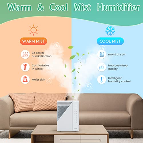 Elecameier Ultrasonic Humidifiers for Bedroom,5.0L Cool and Warm Mist with Remote Control,Essential Oil Tray,Automatic Humidity Control,LCD Display,Auto Shut-Off,and 30dB Quiet Operation,White