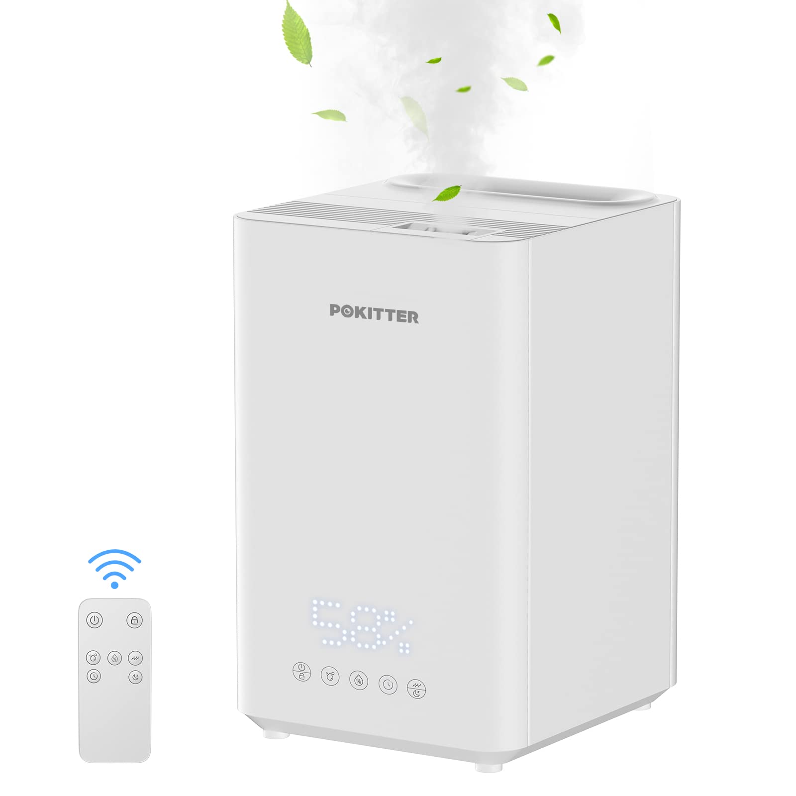 Pokitter Humidifiers for Large Room Home, 5L Warm and Cool Mist Top Fill Essential Oil Diffuser for Baby and Plants, Rapid Humidification, Quiet Sleep Mode - White