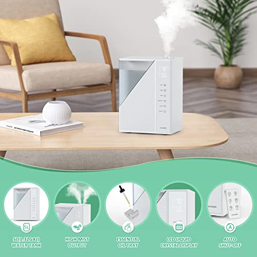 Elecameier Ultrasonic Humidifiers for Bedroom,5.0L Cool and Warm Mist with Remote Control,Essential Oil Tray,Automatic Humidity Control,LCD Display,Auto Shut-Off,and 30dB Quiet Operation,White