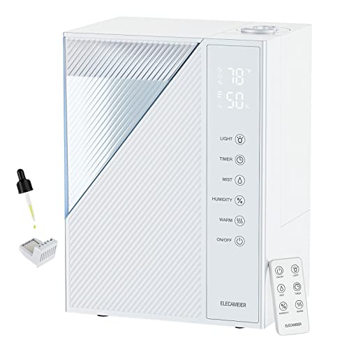 Elecameier Ultrasonic Humidifiers for Bedroom,5.0L Cool and Warm Mist with Remote Control,Essential Oil Tray,Automatic Humidity Control,LCD Display,Auto Shut-Off,and 30dB Quiet Operation,White