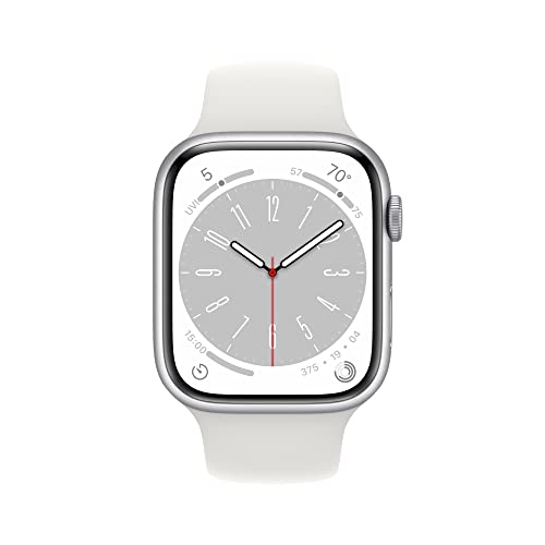 Apple Watch Series 8 [GPS 45mm] Smart Watch w/Silver Aluminum Case with White Sport Band - M/L. Fitness Tracker, Blood Oxygen & ECG Apps, Always-On Retina Display, Water Resistant