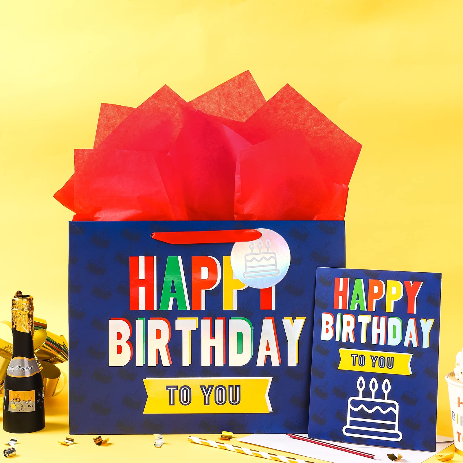 WRAPAHOLIC 13" Large Gift Bag with Card and Tissue Paper - Colorful Happy Birthday with Holographic Silver Foil