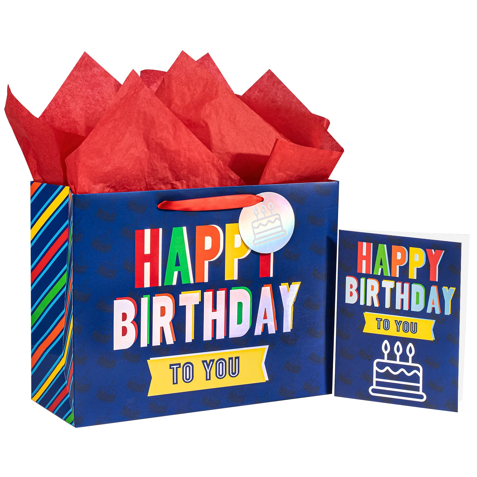WRAPAHOLIC 13" Large Gift Bag with Card and Tissue Paper - Colorful Happy Birthday with Holographic Silver Foil