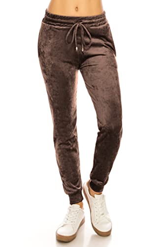 ALWAYS Women's Velvet Velour Joggers - Solid Basic Premium Soft Stretch Warm Winter Sweatpants Pants Brown XL