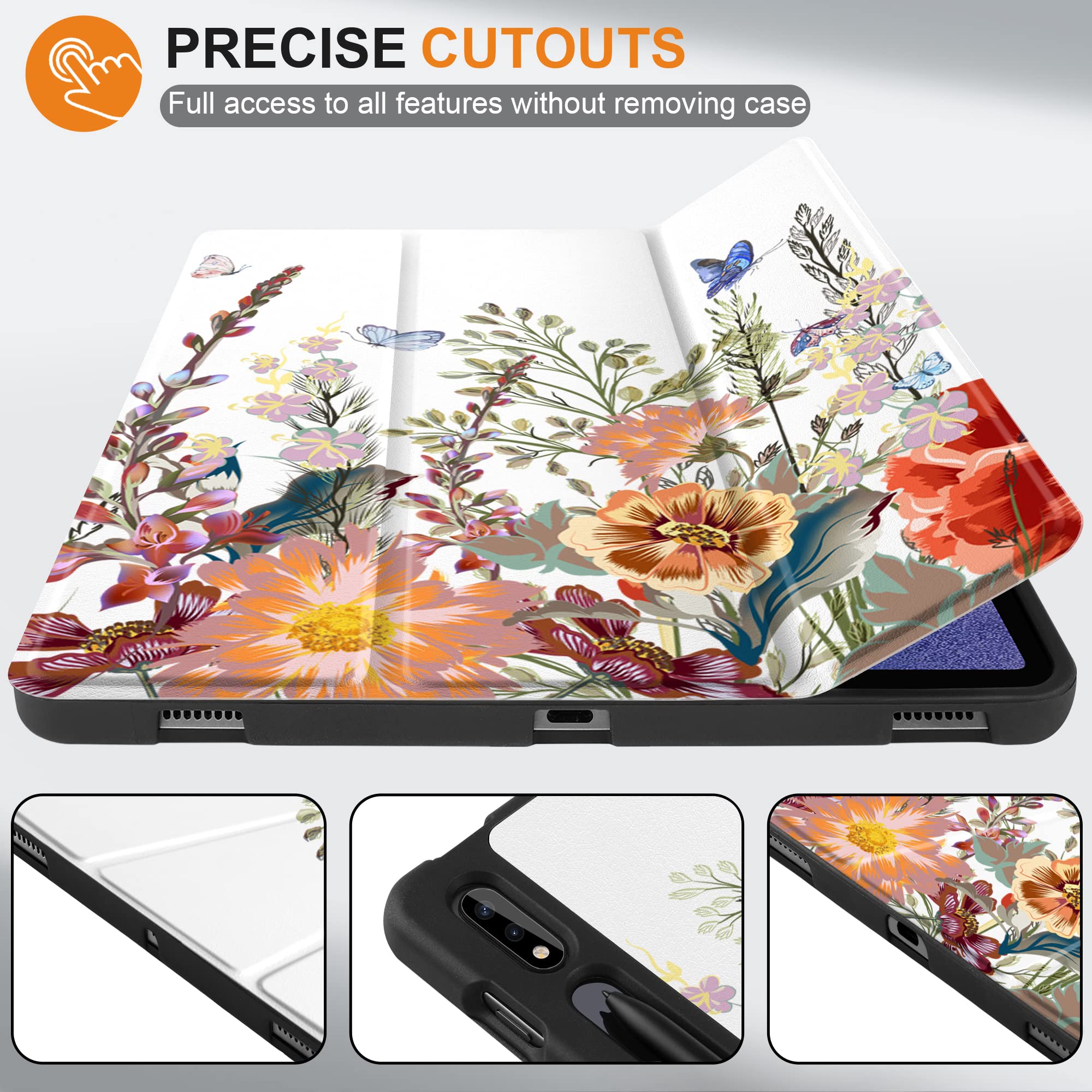 DONGKE Case for Samsung Galaxy Tab S8 Plus 2022 / S7 FE 2021 / S7 Plus 2020 12.4 Inch with S Pen Holder [SM-X800/X806/X808], Ultra Thin Lightweight Trifold Stand + Auto Wake/Sleep, Floral