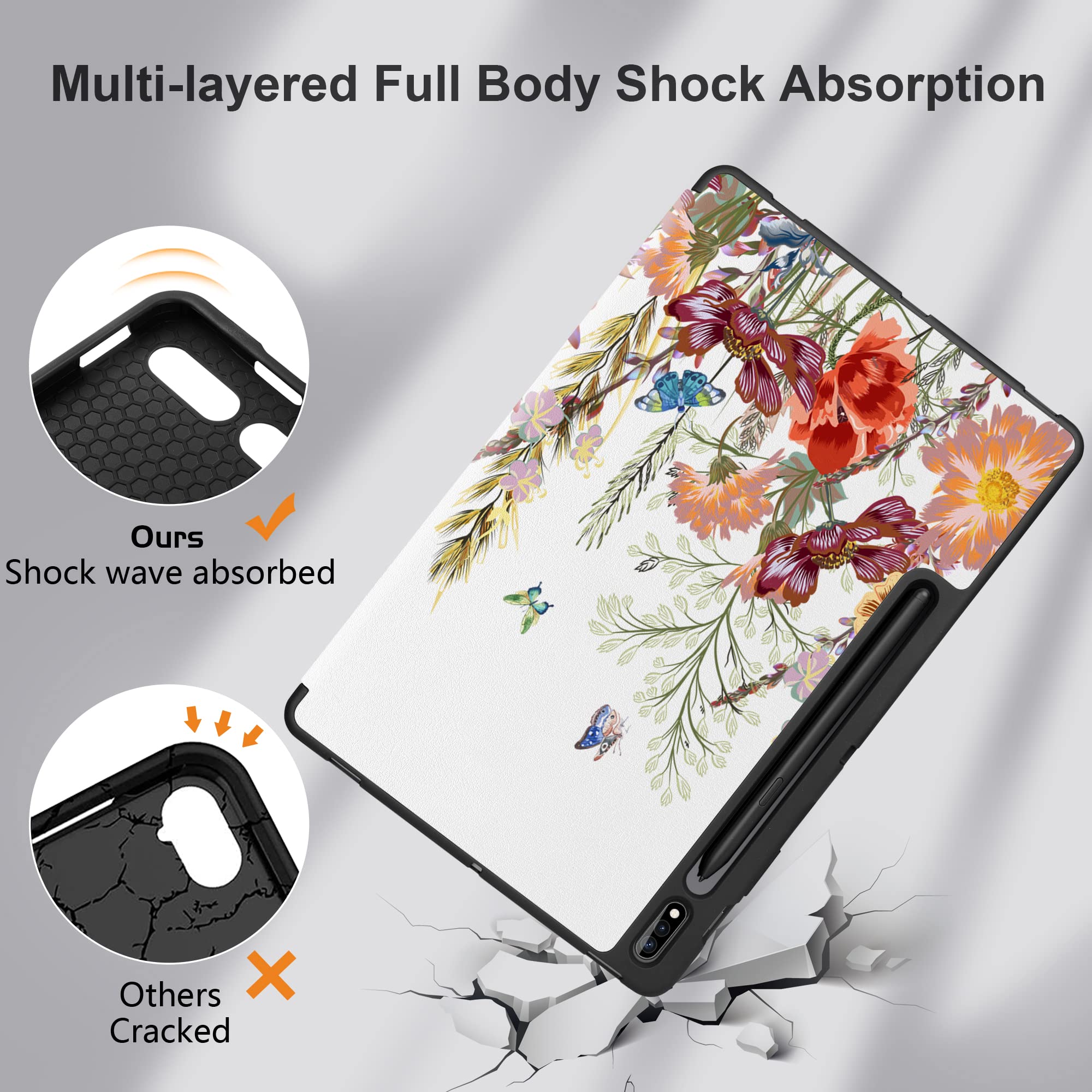 DONGKE Case for Samsung Galaxy Tab S8 Plus 2022 / S7 FE 2021 / S7 Plus 2020 12.4 Inch with S Pen Holder [SM-X800/X806/X808], Ultra Thin Lightweight Trifold Stand + Auto Wake/Sleep, Floral