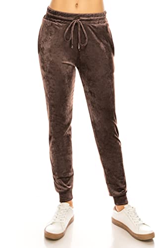 ALWAYS Women's Velvet Velour Joggers - Solid Basic Premium Soft Stretch Warm Winter Sweatpants Pants Brown XL