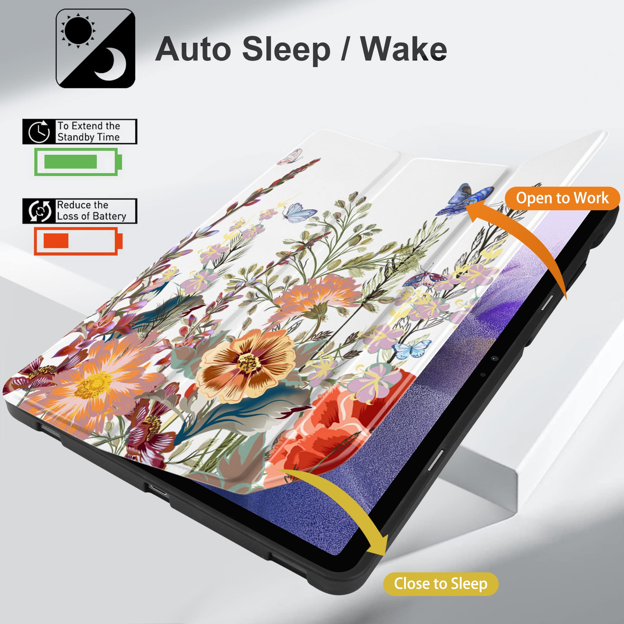 DONGKE Case for Samsung Galaxy Tab S8 Plus 2022 / S7 FE 2021 / S7 Plus 2020 12.4 Inch with S Pen Holder [SM-X800/X806/X808], Ultra Thin Lightweight Trifold Stand + Auto Wake/Sleep, Floral