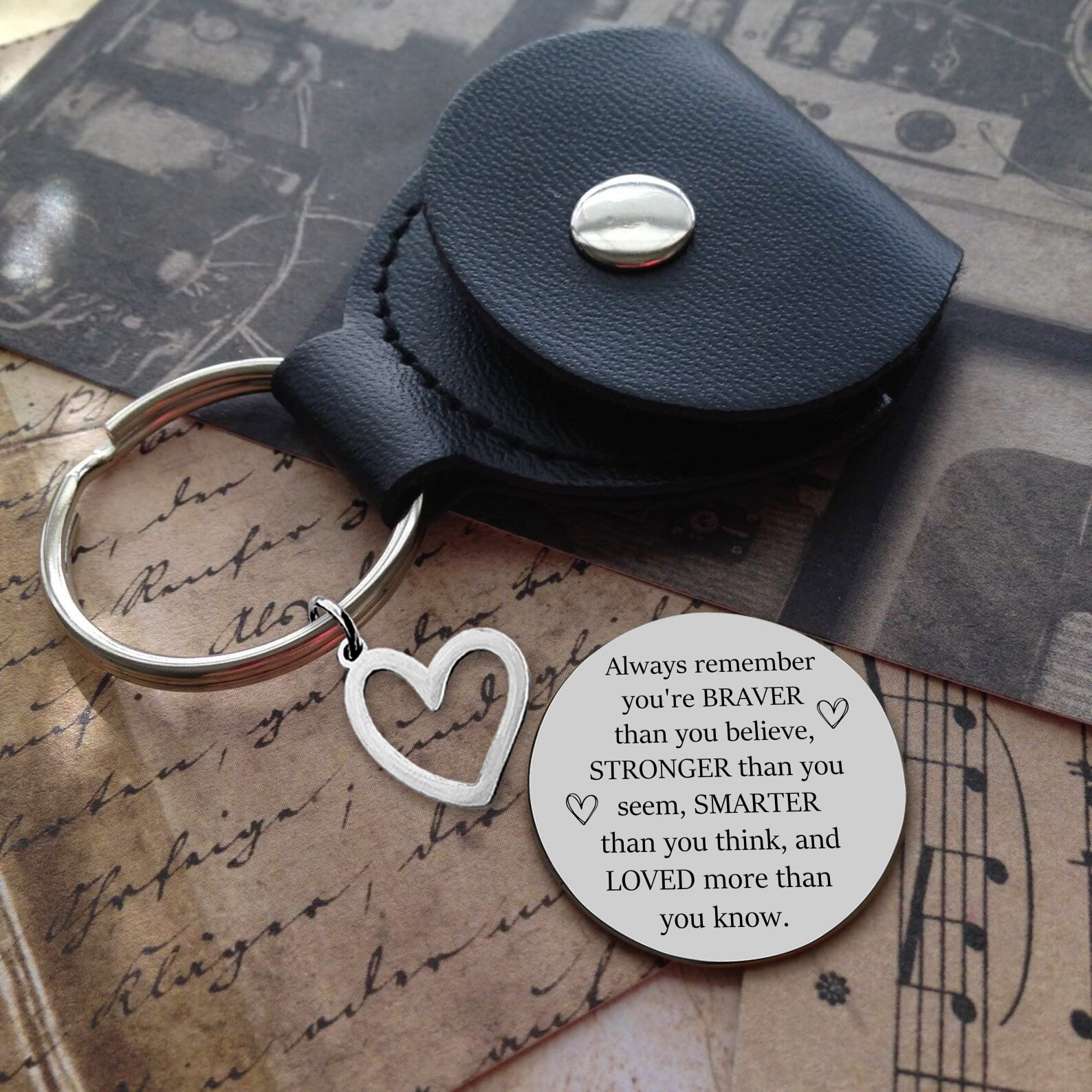 LRUIOMVE Always Remember You are Braver Than You Believe, Pocket Hug Token with Leather Keychain, Stainless Steel Double Sided Coin Long Distance Relationship Keepsake Gift