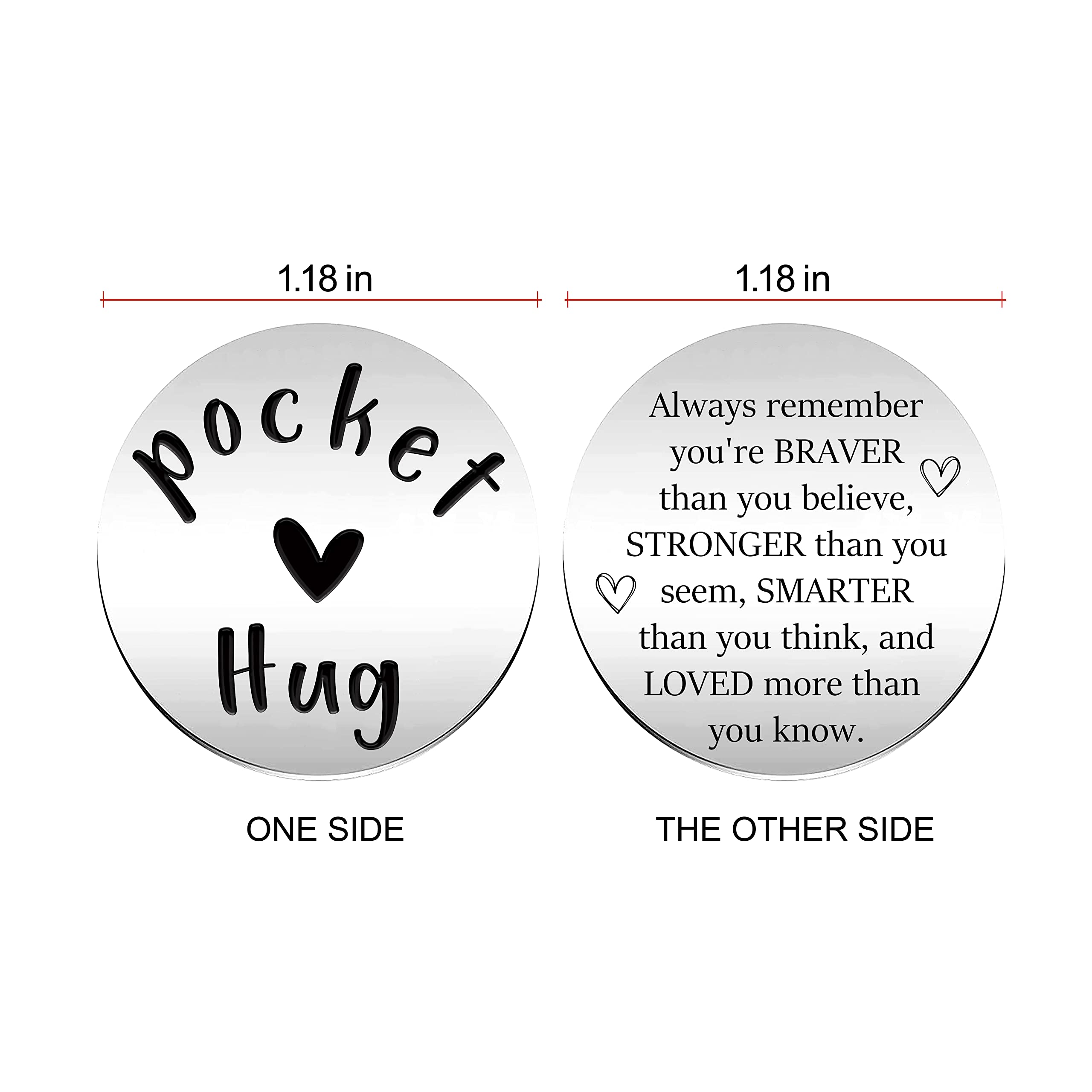 LRUIOMVE Always Remember You are Braver Than You Believe, Pocket Hug Token with Leather Keychain, Stainless Steel Double Sided Coin Long Distance Relationship Keepsake Gift