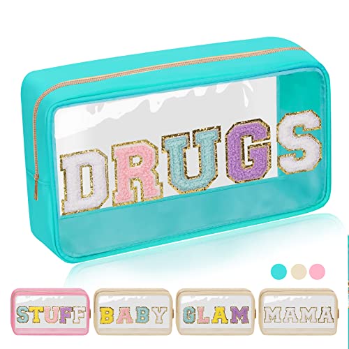Iqimott Preppy Patch Clear Makeup Bag, Women Chenille Letter Cosmetic Bag for Travel, Nylon Waterproof Organization Outdoor Zipper Pouch Toiletry Bag for Women Girls(Green)