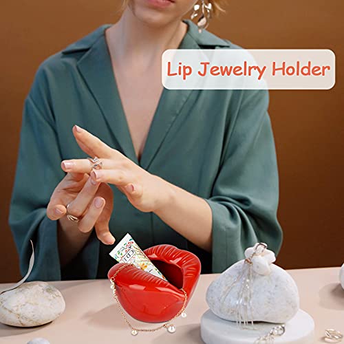 Trycooling Ceramic Red Lips Lipstick Ring Holder Jewelry Tray Rack Decorative Cosmetic Storage Display Holder Desktop Hairpin Storage Organizer Birthday Choice (Light Red)