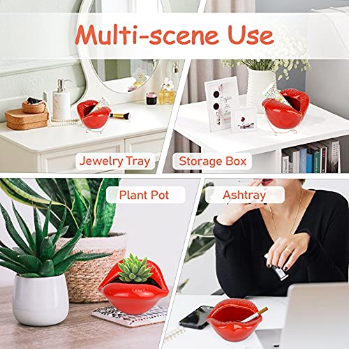 Trycooling Ceramic Red Lips Lipstick Ring Holder Jewelry Tray Rack Decorative Cosmetic Storage Display Holder Desktop Hairpin Storage Organizer Birthday Choice (Light Red)