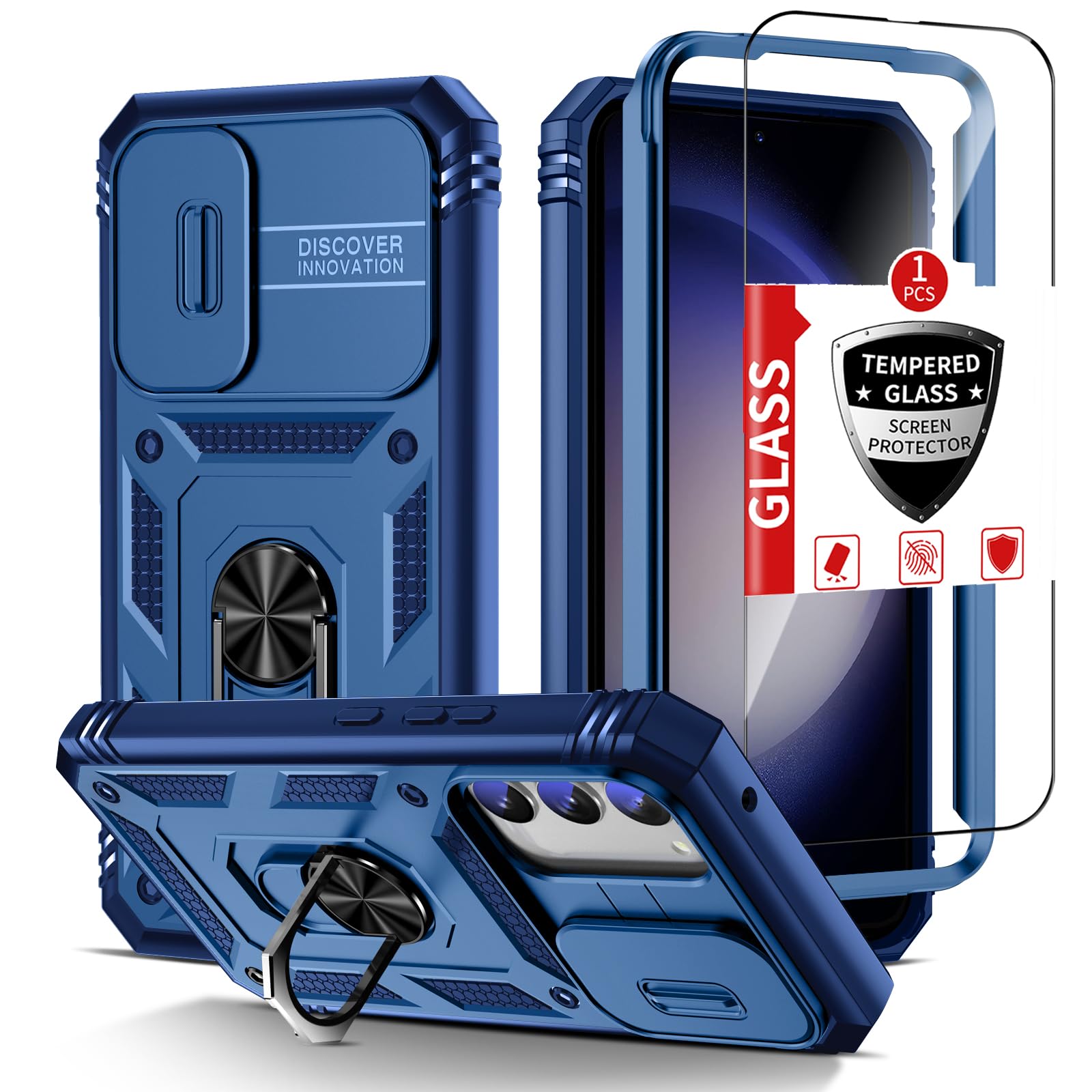 IYTRRYH for Samsung Galaxy S23 Case 5G with Tempered Glass Screen Protectors,with Magnetic Kickstand Ring & Camera Cover Shockproof Military Grade Drop Heavy Duty Protection Galaxy S23 Phone Men Blue