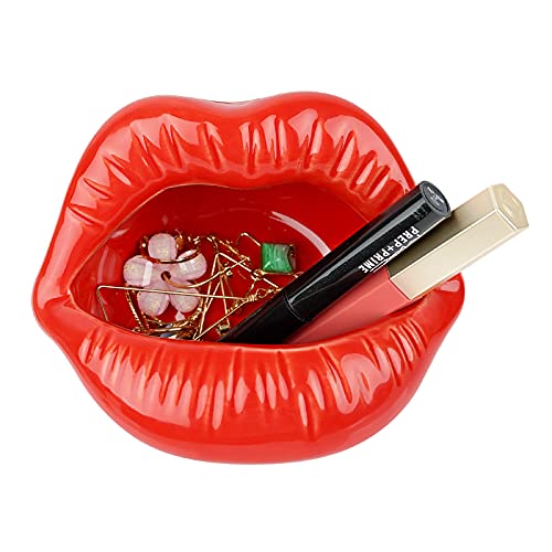 Trycooling Ceramic Red Lips Lipstick Ring Holder Jewelry Tray Rack Decorative Cosmetic Storage Display Holder Desktop Hairpin Storage Organizer Birthday Choice (Light Red)