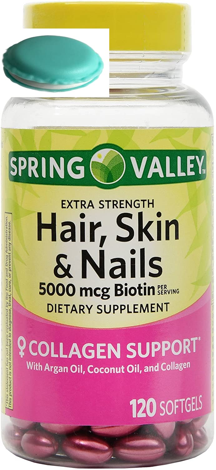 Spring Valley Hair, Skin & Nails Dietary Supplement, Gel Capsules, 5,000 Mcg, 120 Count + 1 Mini Pill Container (Color Varies)